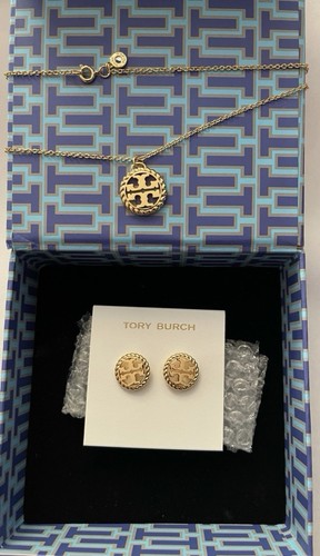 Tory Burch Gold Logo Necklace & Earring Set in Gift Box | eBay