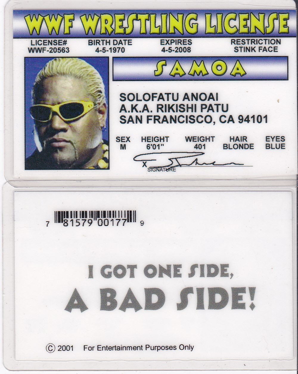 WWF Wrestling License Solofatu Anoai Rikishi Patu Drivers License FAKE ...