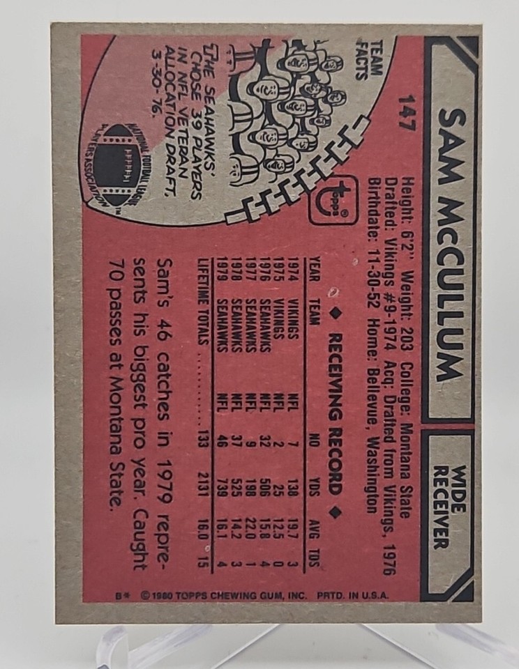 1980 Topps Football Sam McCullum Card #147 Seattle Seahawks | eBay