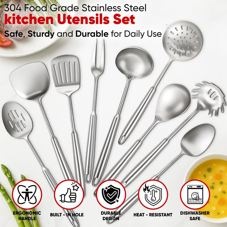 Newness 9 Pcs Cooking Utensils Set, 304 Stainless Steel Kitchen ...