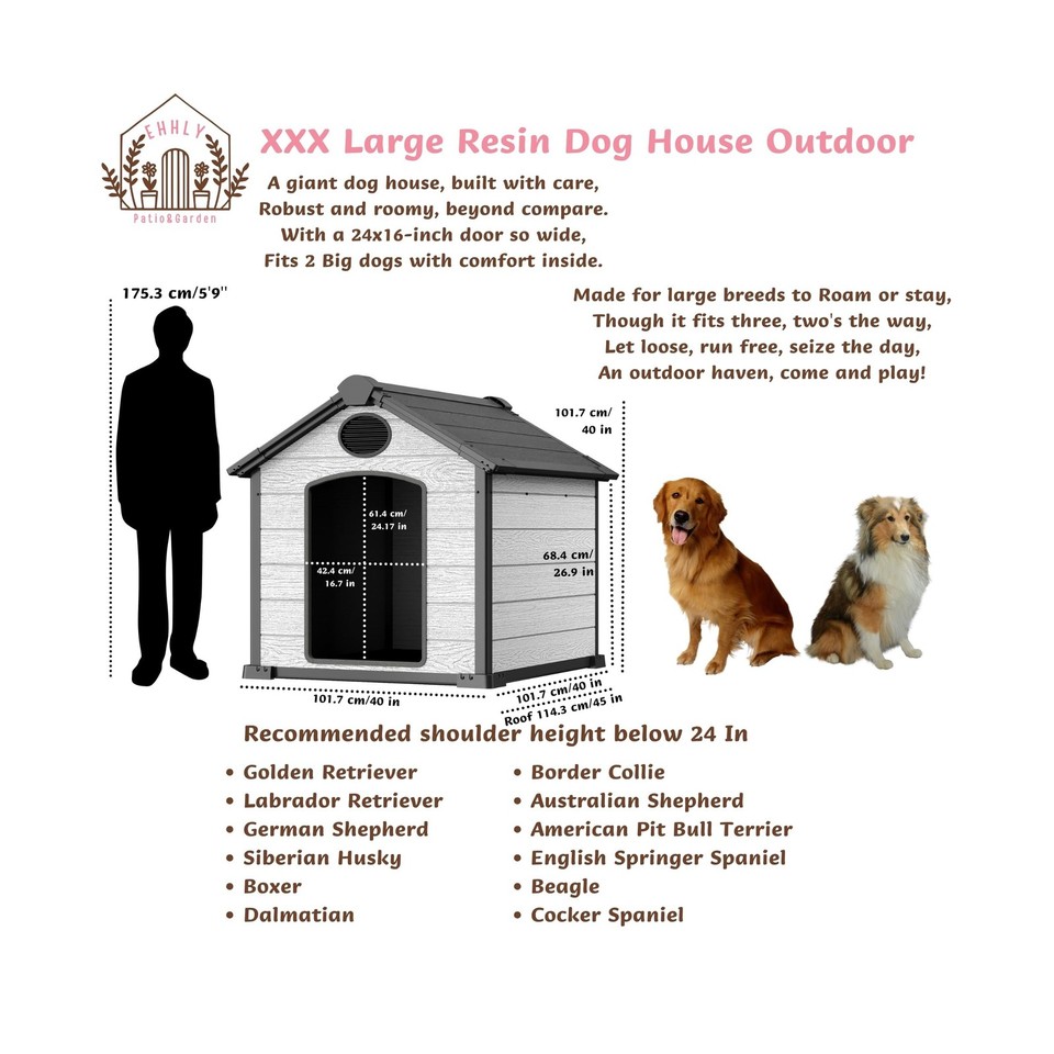 46" Large Dog House Outdoor Weatherproof, 3XL Big Dog House for 2 Large ...