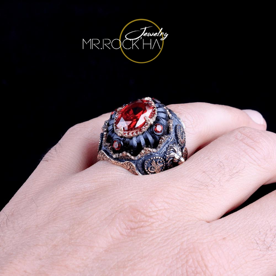 Red Zircon,Relief Maned Lion,Gold Plated,Handmade,925 Sterling Silver ...
