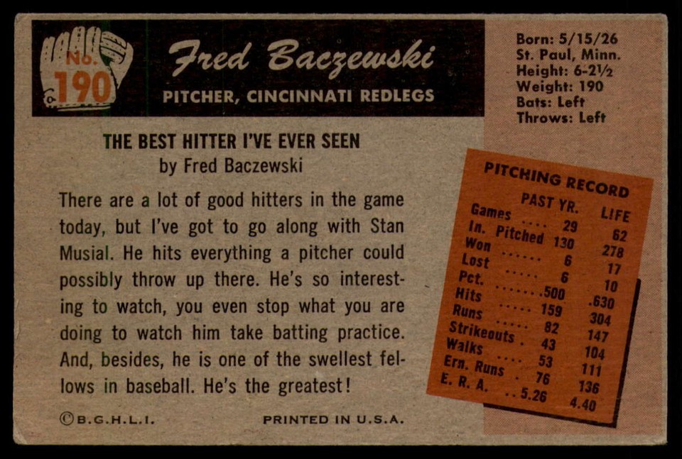 1955 Bowman #190 Fred Baczewski EX Reds ID:57723 | eBay