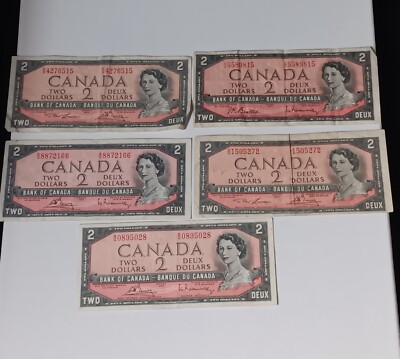 5 1954 BANK OF CANADA 2 DOLLAR BANK NOTES QUEEN ELIZABETH II | eBay