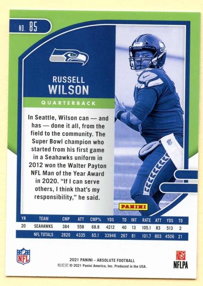 2021 Panini Absolute Football Russell Wilson card #85 Seattle Seahawks ...