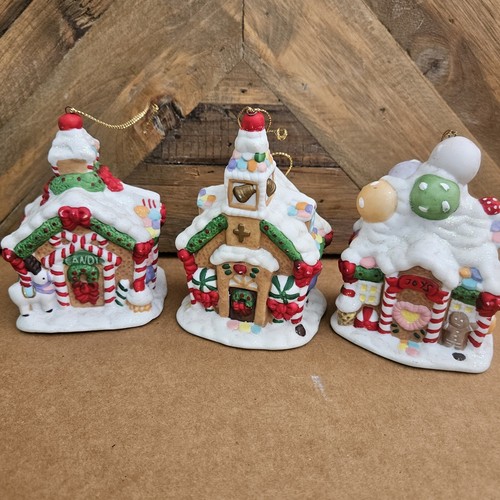 3 Vtg Porcelain Collectibles Gingerbread House Church Candy Shop House ...