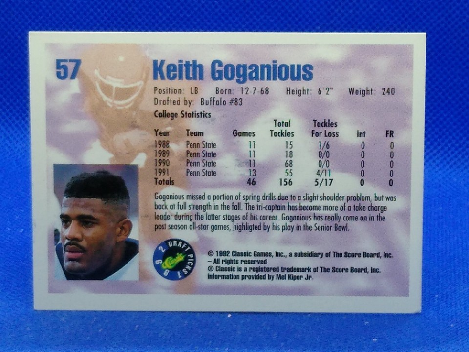 Keith Goganious 1992 Classic Draft Picks #57 Penn State PERSONAL ...