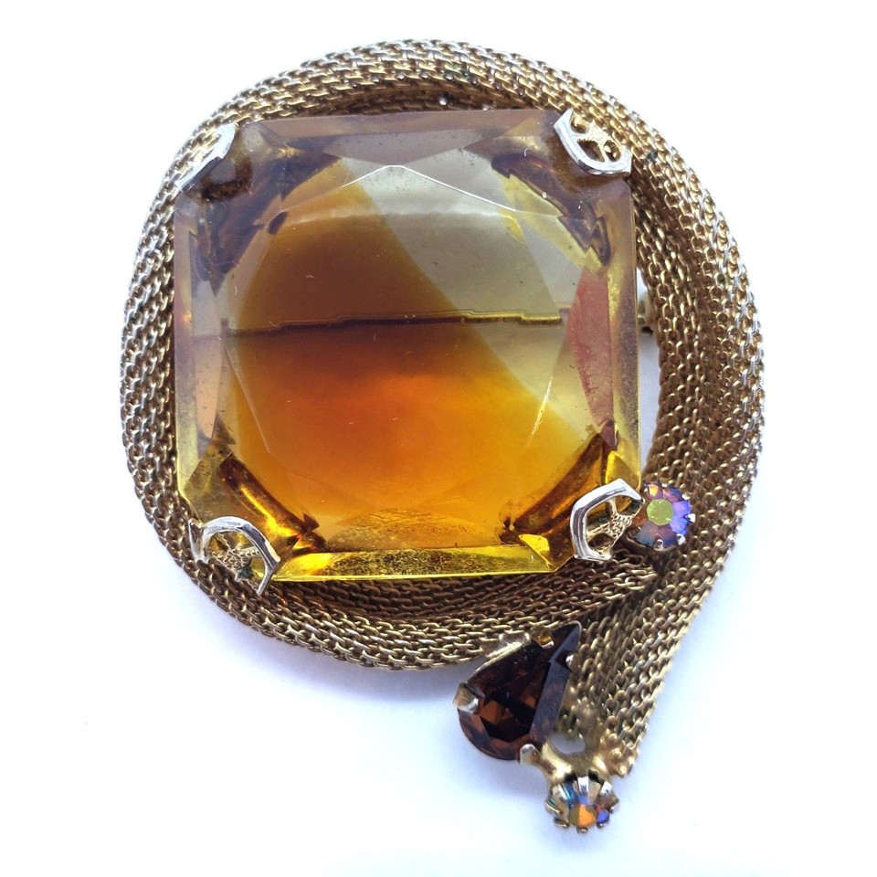 Topaz Colored Brooch Faceted Glass Rhinestone Mesh Gold Tone Unsigned ...