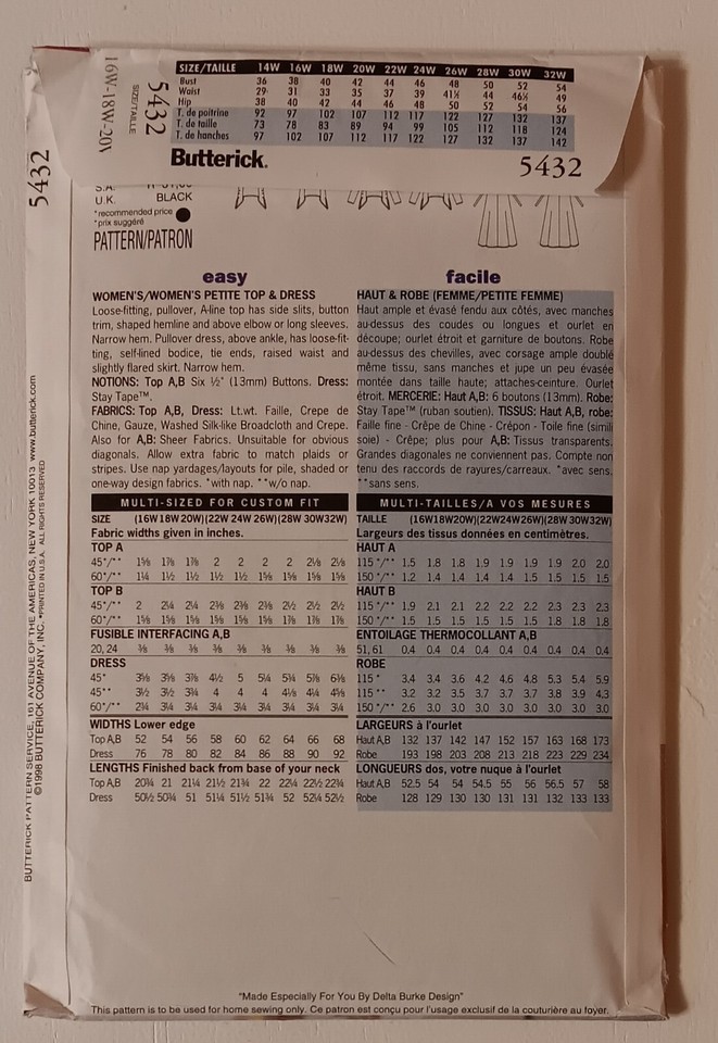 Butterick 5432 Pullover Dress A Line OverBodice Top Plus PatternUCFF ...