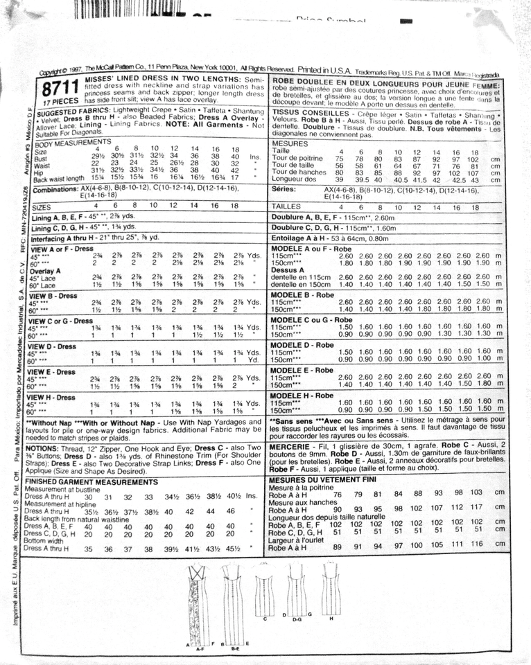 MCCALLS PATTERN 8711 DRESS EVENING FORMAL PROM 9 LOOKS IN 1 LINED 2 ...