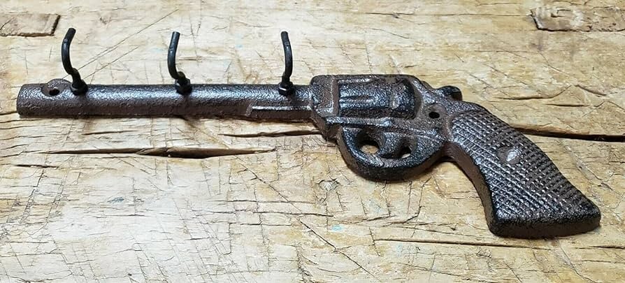 Gun Pistol Revolver Wall Hook Key Rack Cast Iron Rustic Western Brown ...