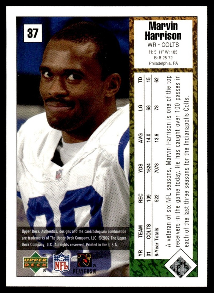 2002 UD Authentics Marvin Harrison Indianapolis Colts #37 | eBay