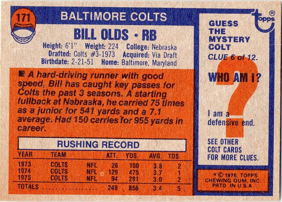 1976 Topps #171 Bill Olds Baltimore Colts Football Card | eBay
