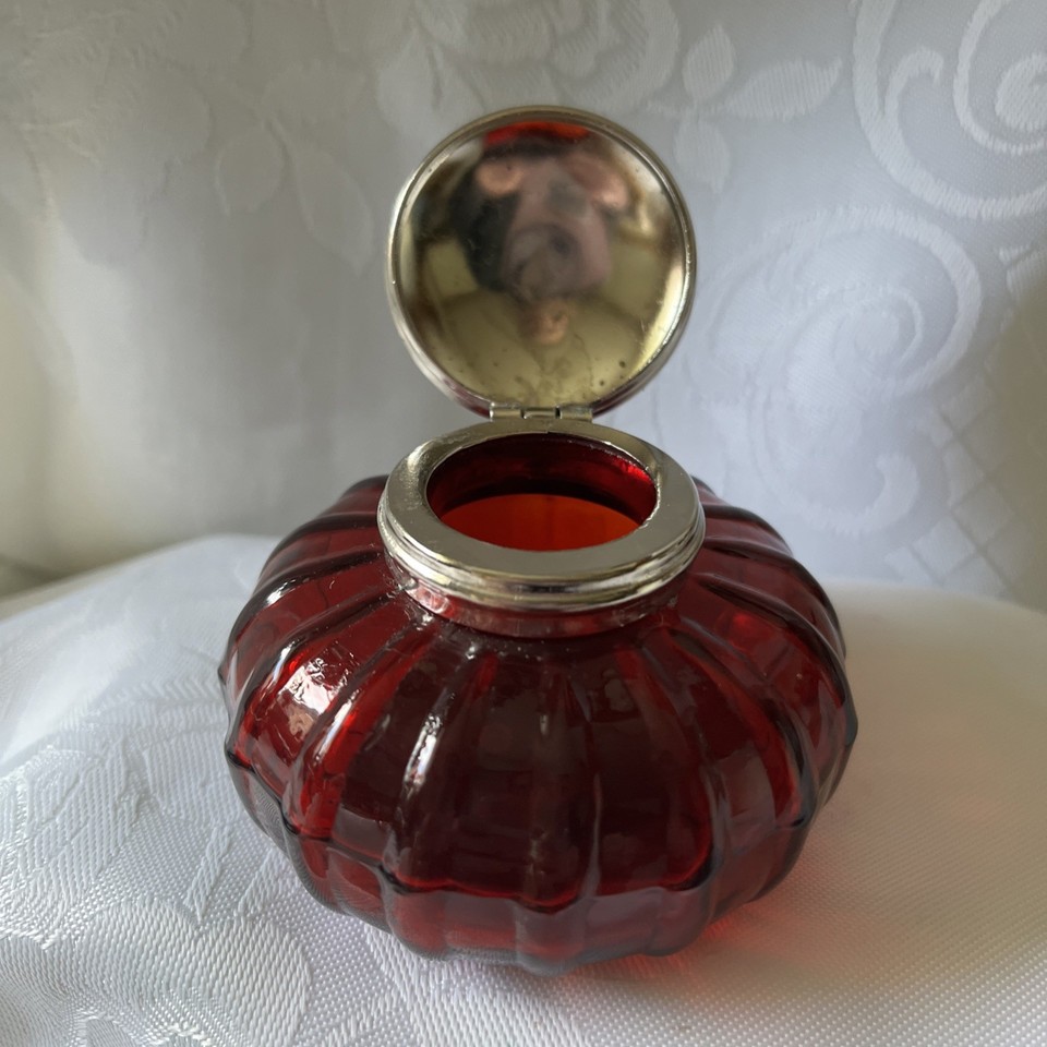 Antique Style ruby red glass inkwell with white metal top | eBay UK