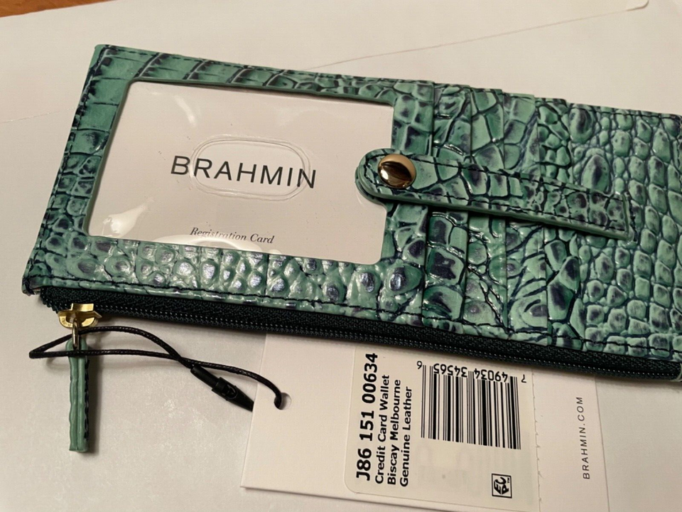 Brahmin BISCAY Green Teal Blue CROC Embossed CREDIT CARD Wallet COIN ...