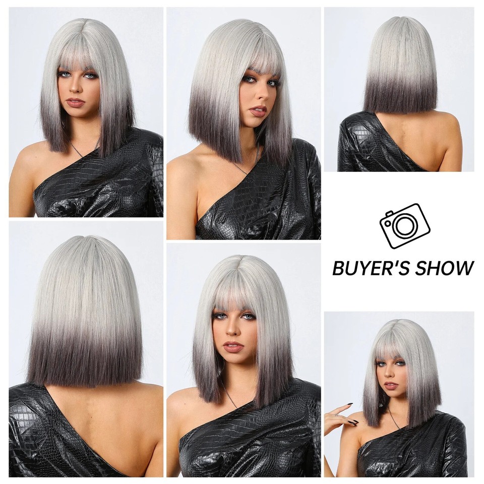 Short Straight Wigs White Grey Bob Wig With Bangs Natural Women Fake ...