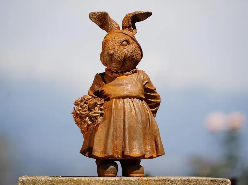 Vintage Cast Iron Bunny Statue Metal Garden Decor, Cottagecore Outdoor ...