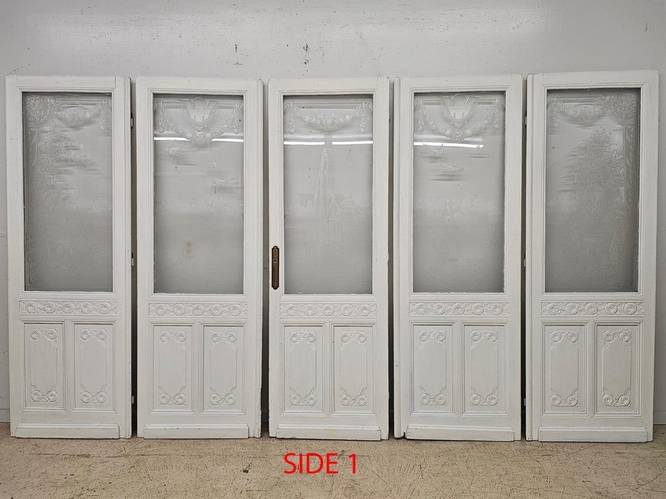Set of Five 84" Tall French Antique Art Deco Etched Glass Doors/Windows ...