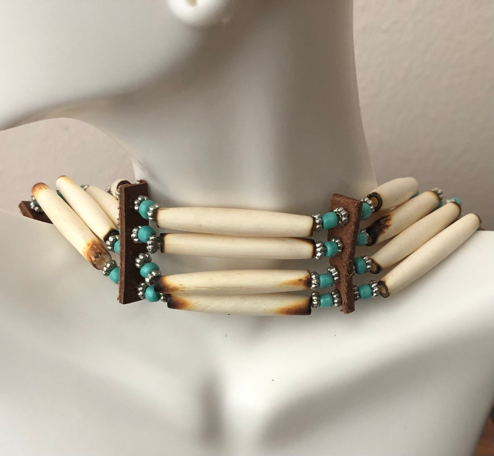 Buffalo Bone 4 Row Tribal Native American Choker Necklace Beaded ...