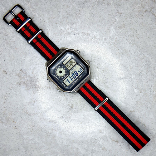 Casio World Time Illuminator Watch with Red & Black Nylon Band, AE ...