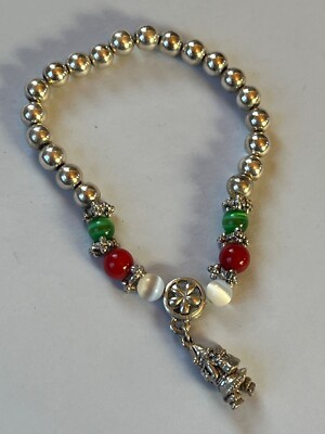 Round Silvertone w Red White & Green Moonglow Plastic Bead w Santa ...
