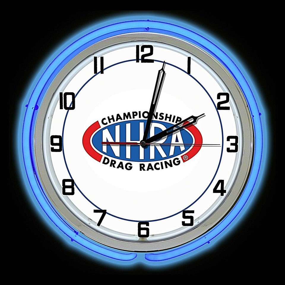 19" NHRA Drag Racing Sign Double Neon Clock Chrome Finish Blue Neon | eBay