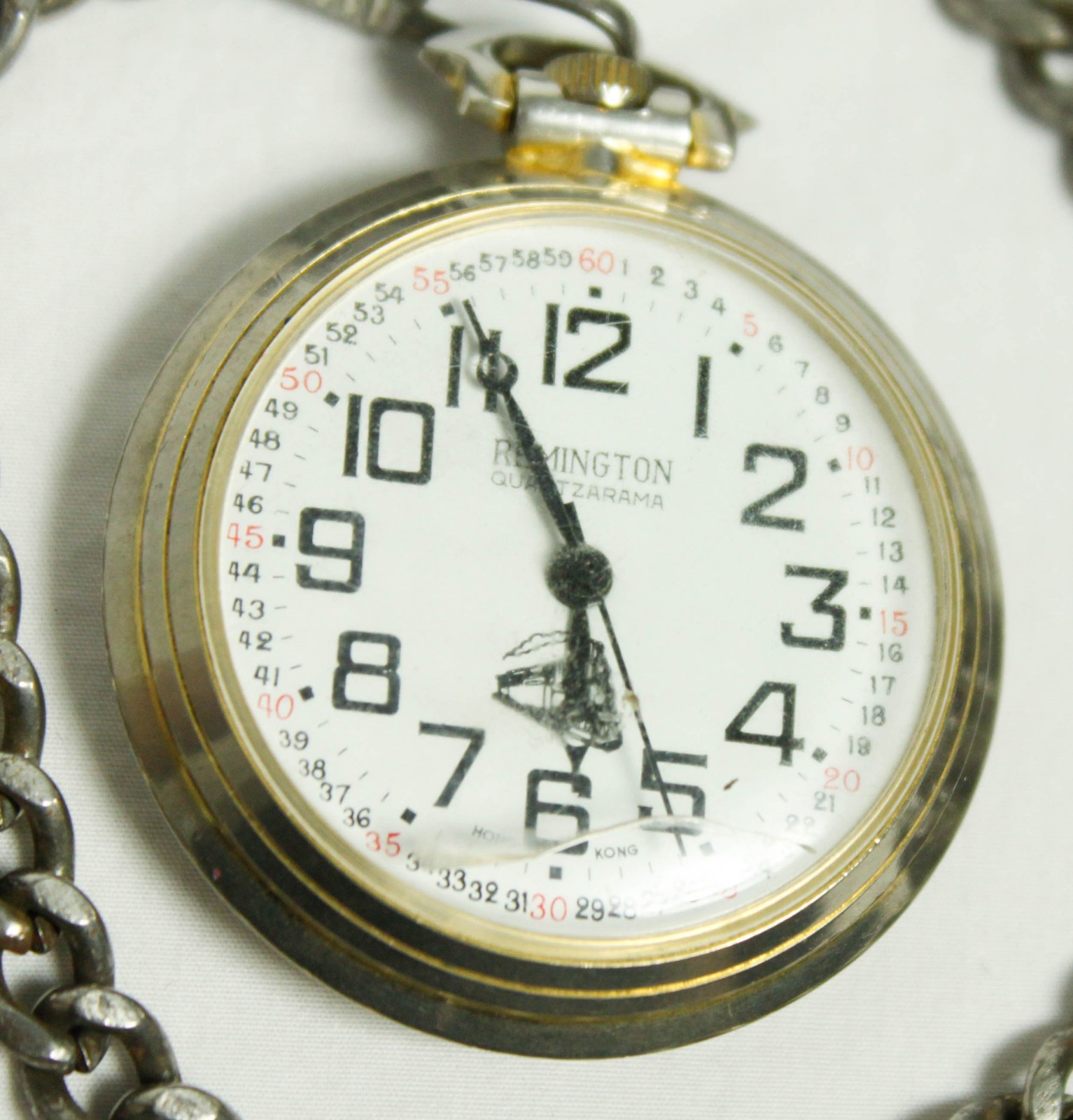 Remington Quartzarama Silver Gold Train Detail Pocket Watch With Chain ...