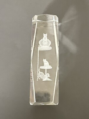 3 D Hologram Laser Cut Etched Crystal Glass Paperweight ~ Cats 6” Tall ...
