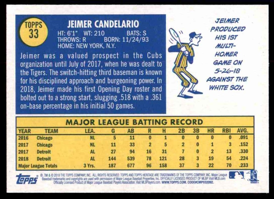 2019 Topps Heritage Jeimer Candelario #33 (94501) | eBay