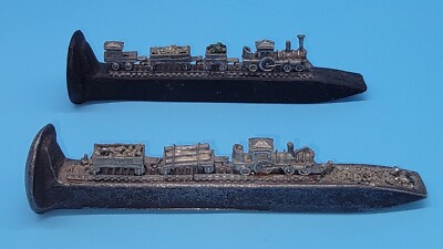 2 Vintage Railroad Spike Art with Pewter Metal Train on Track with ...