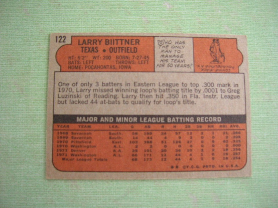 1972 Topps Baseball Larry Bittner #122 FREE shipping | eBay