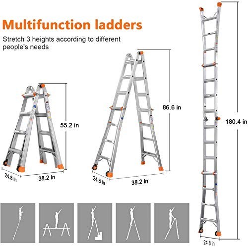 17FT MULTI USE TELESCOPING ALUMINUM LADDER 2 Flexible Wheels Non-Slip ...
