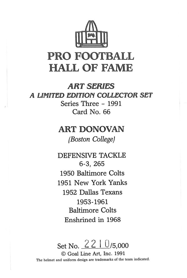 Art Donovan Signed Goal Line Art Card GLAC Autographed Colts 99310 | eBay