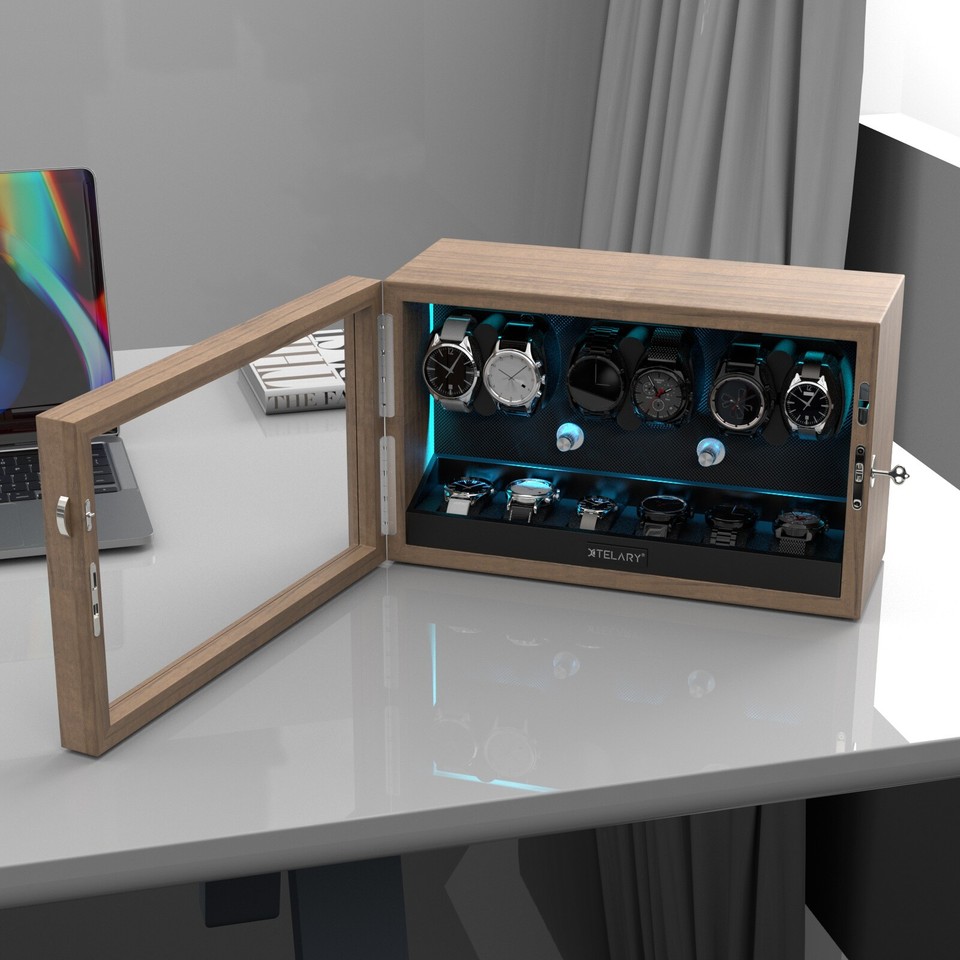 Automatic Rotation 6 Watch Winder with 6 Extra Storage Box Blue LED ...