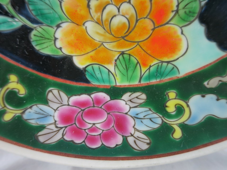 Vtg Japanese Hand Painted Display Plate Floral Bird Green Black Blue ...