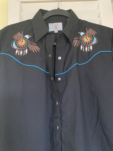 Ely Country Charmers Med Western Shirt Black Pearl Snap USA Eagle Patches | eBay