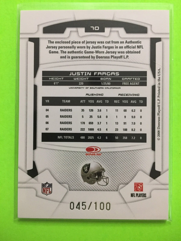 Justin Fargas 2008 Leaf R&S Longevity Sapphire Jersey Oakland Raiders ...