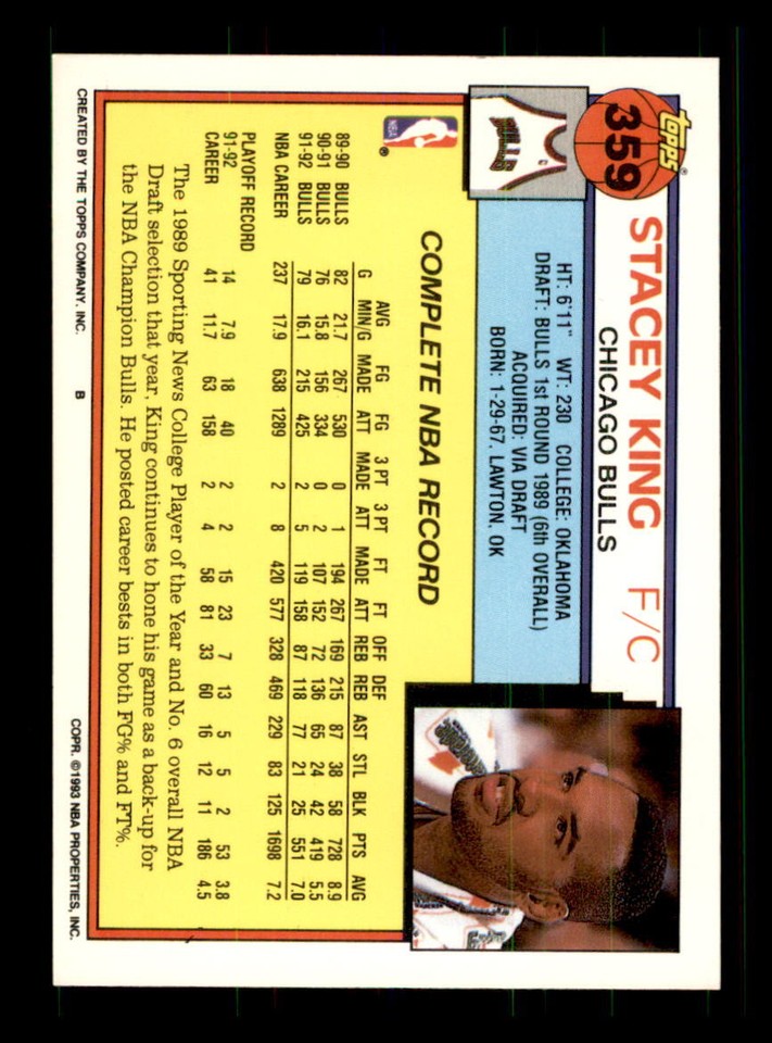 1992 Basketball Topps Stacey King Chicago Bulls #359 | eBay