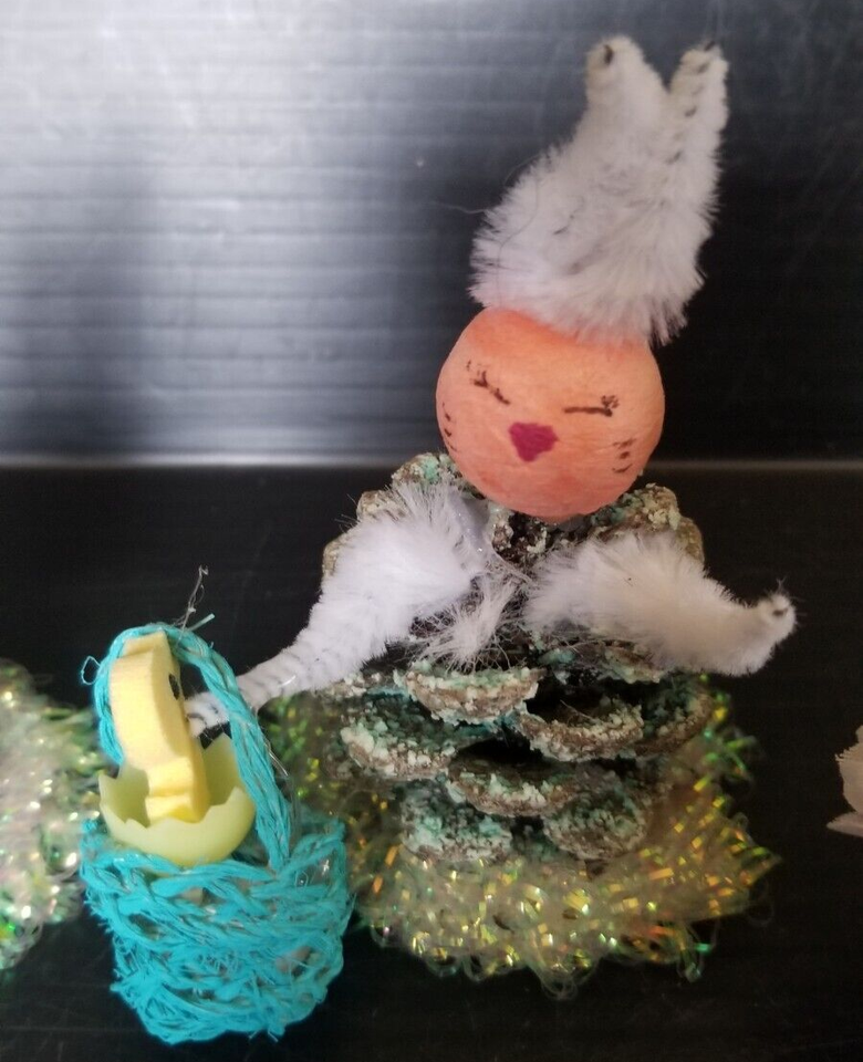 Vintage Easter Decoration Spun Cotton Bunnies Chenille Flowers Chick ...