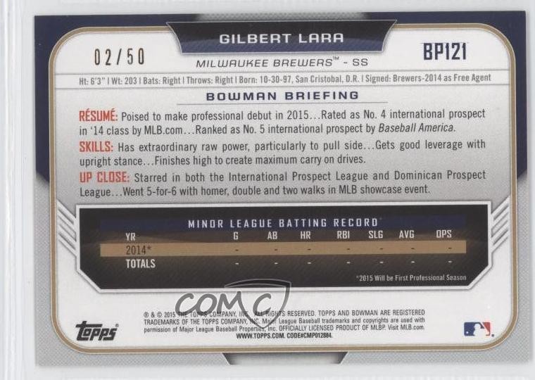 2015 Bowman Prospects Gold /50 Gilbert Lara #BP121 | eBay