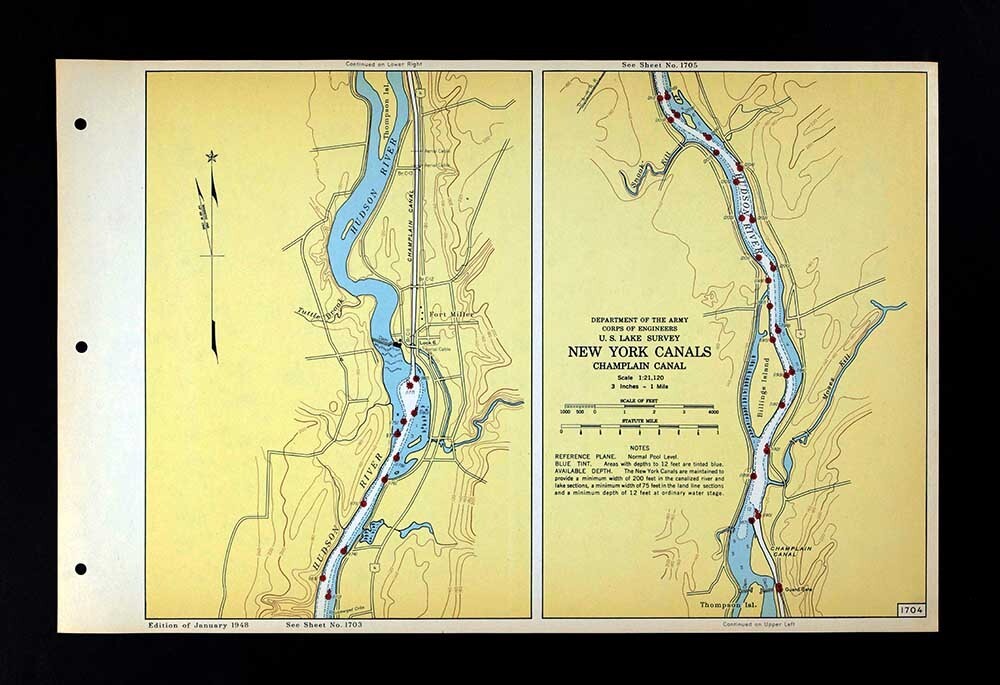 Miller Projection 1948 USACE Map Champlain Canal New York Hudson River