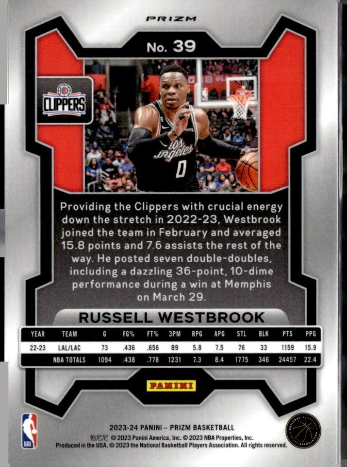 2023-24 Panini Prizm #39 Russell Westbrook Prizms Ruby Wave Los Angeles ...