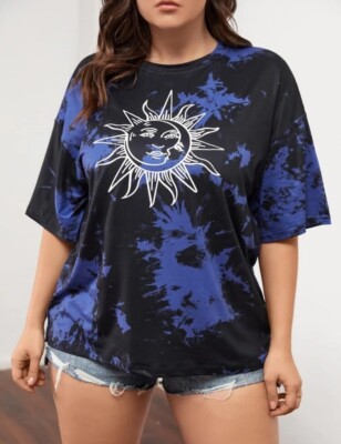 🌜☀️ SHEIN CURVE Black Blue Bleach Tie Dye Sun Moon Astrology Oversize Tee 4XL 3 | eBay