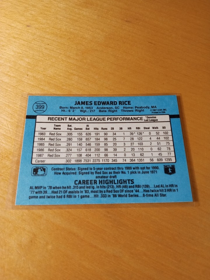 1988 DONRUSS #399 JIM RICE Boston Red Sox Baseball Card, Outfielder ...