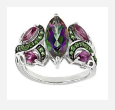 SILVER IRIDESCENT GEM GREEN AND PURPLE RHINESTONES RING SIZE 5 6 | eBay