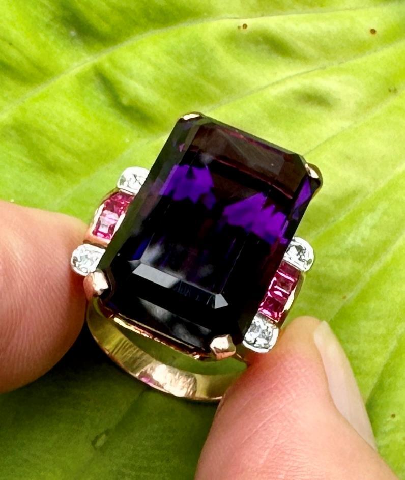 Art Deco 23 Carat Siberian Amethyst Ring Old Mine Diamond Ruby 14 Karat ...