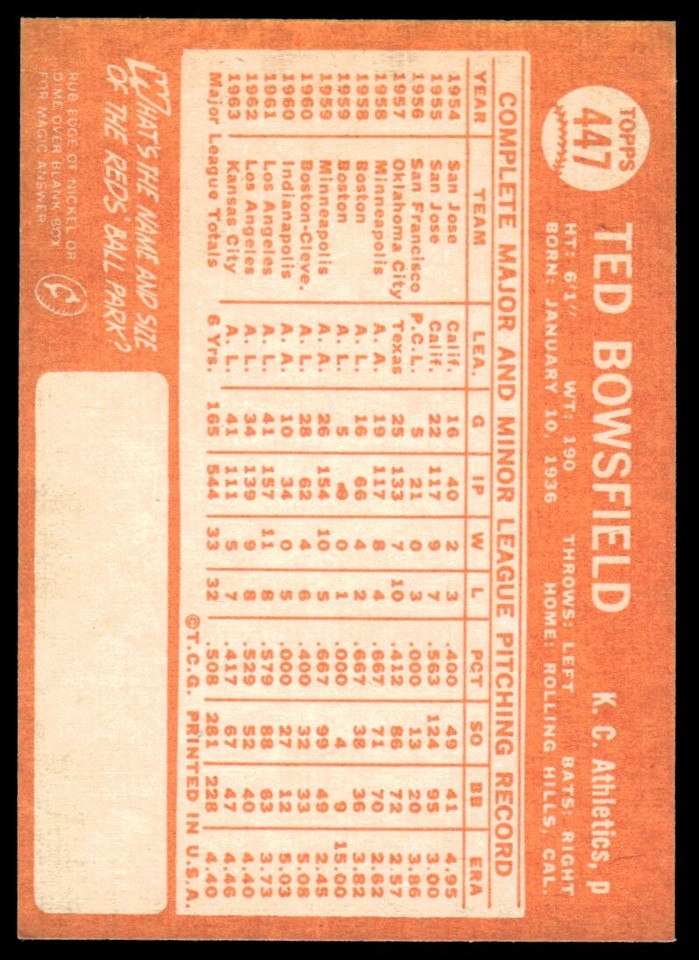 1964 Topps Ted Bowsfield Kansas City Athletics #447 | eBay