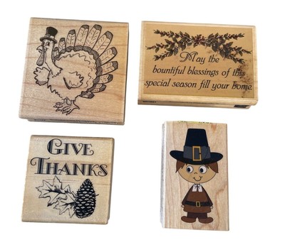 Thanksgiving Themed Wood Rubber Stamps Set Turkey Pilgrim Give Thanks ...