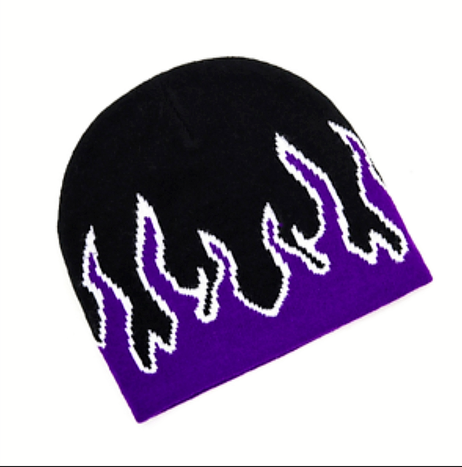 Fire Flame Print Beanie Skate Hat Design Pattern Casual Purple Black ...