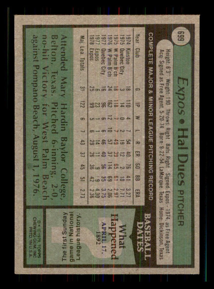 1979 Baseball Topps Hal Dues Montreal Expos #699 RC | eBay